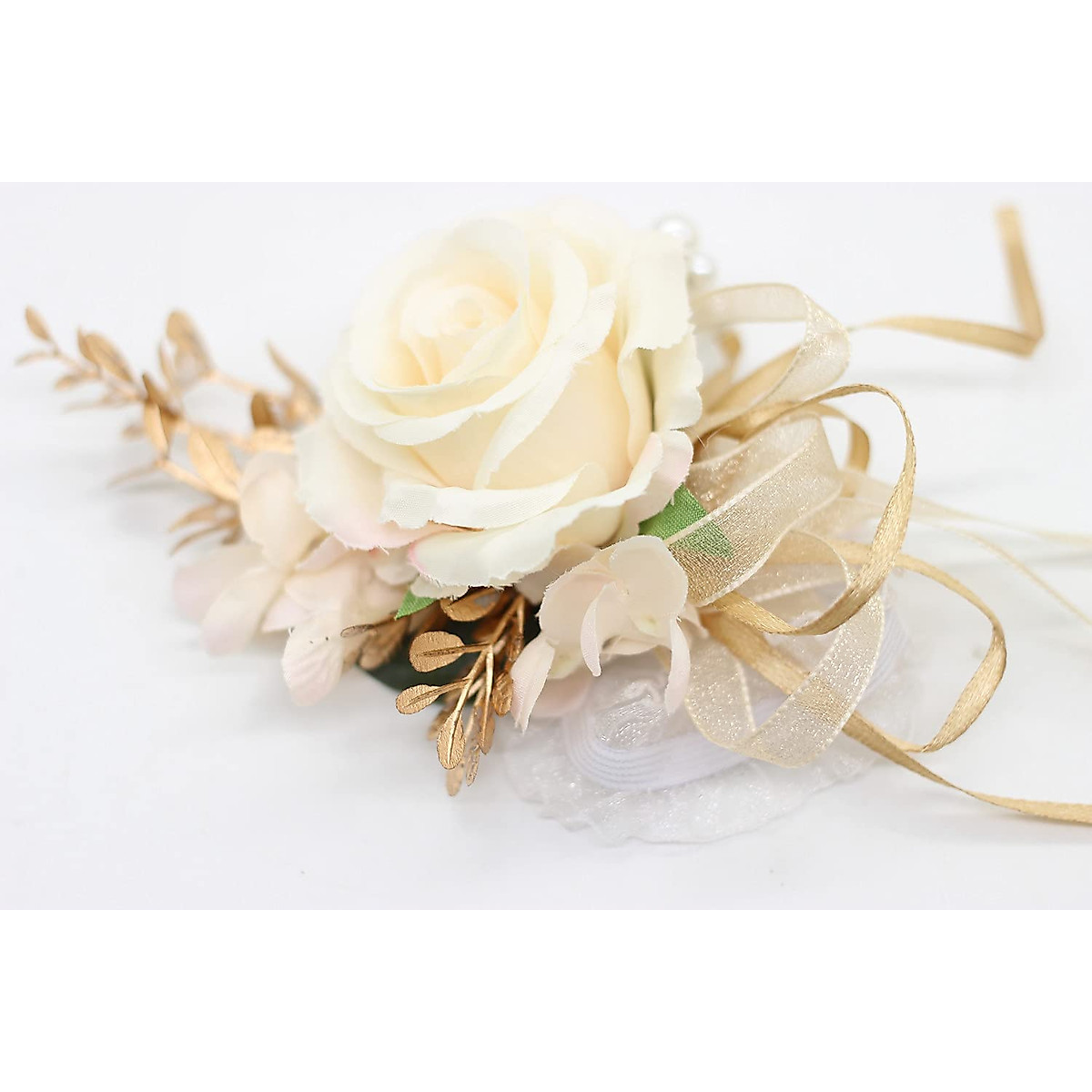 YOKOKE Corsage and Boutonniere Set, Handmade Artificial Peony Rose Wrist Corsage Wristlet and Groom Boutonniere for Men Wedding Prom Suit Decorations (Champagne Cream Gold)