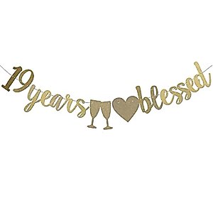 19 Years Blessed Gold Paper Sign Banner for Boy/Girl's 19th Birthday Party Supplies,Pre-Strung 19th Wedding Anniversary Party Decorations