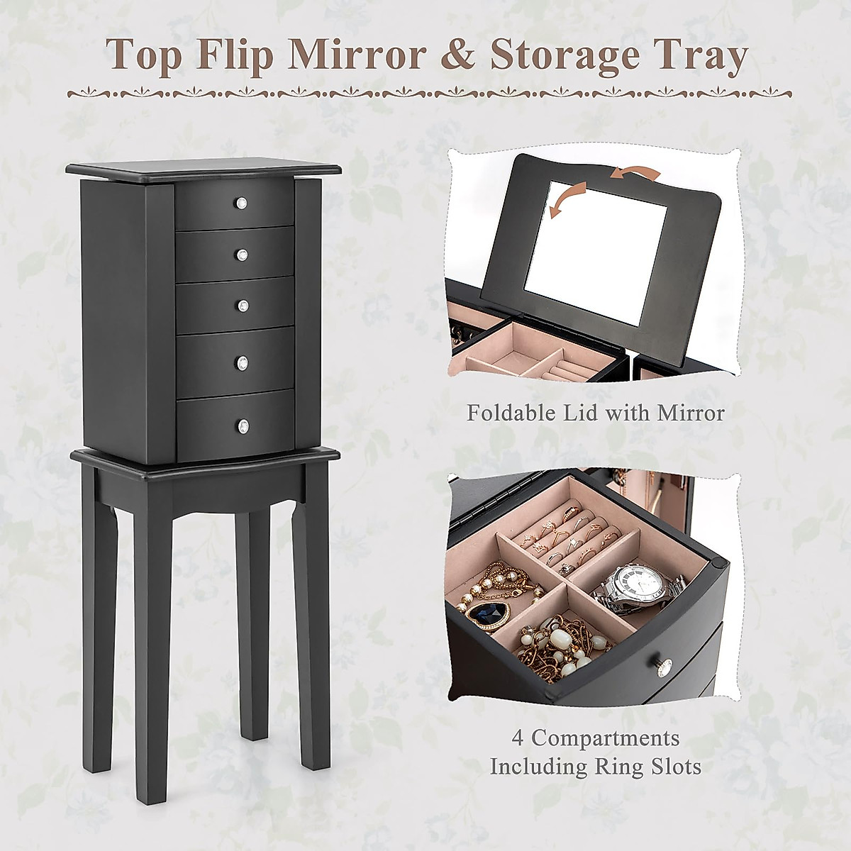 LUARANE Wooden Jewelry Cabinet, Jewelry Storage Organizer with Top Flip Mirror 4 Drawers, 2 Side Doors with Hooks and Compartments, Free Standing Jewelry Armoire with Solid Wood Legs, Black