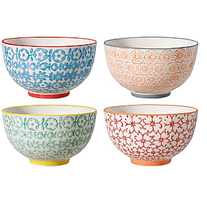 Bloomingville Ceramic Bowls Carla Express - colorful Serving Dish for Ice Cream, Snacks, Side Dishes Dia 4.5'' H 2.5'', red blue green orange, Stoneware, Set of 4 Styles, content 9.75 fl oz