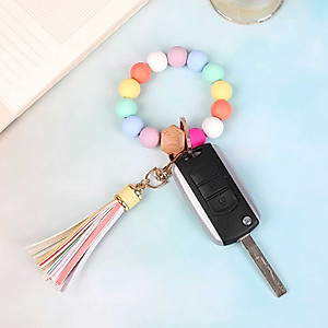 BAOSIWA Silicone Beaded Keychain Bracelet Wristlet Key Ring Rainbow Bangle Chains for Women with Leather Tassel