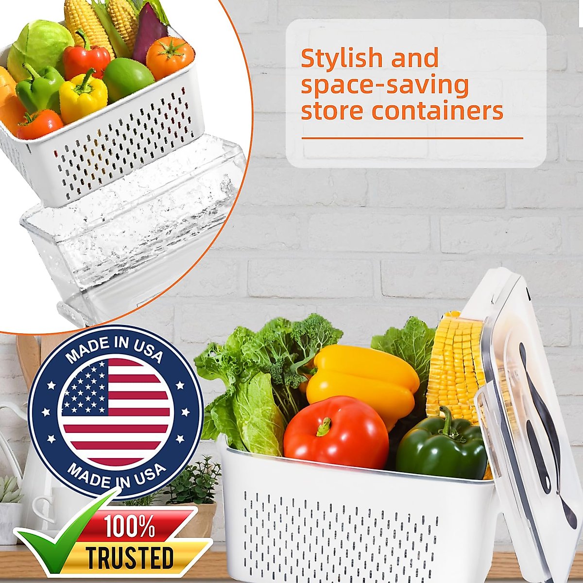 10 PCS Fruit Storage Containers for Fridge with Removable Colander, All-In-One Vegetable Berry Storage Containers for Washing, Draining, Freshness, the Largest Size with Handles