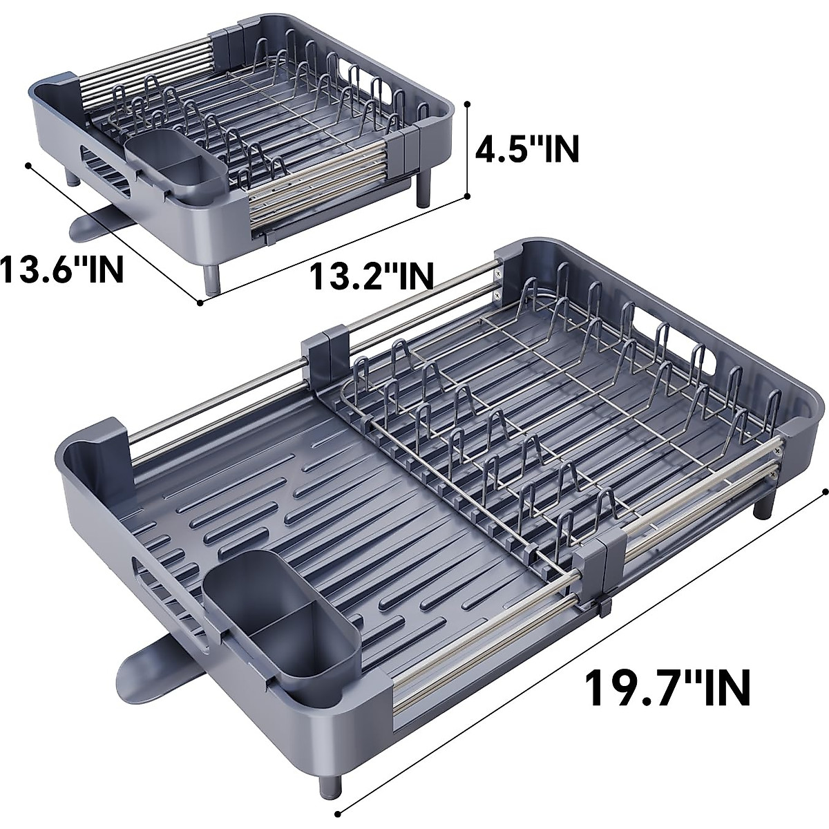 Dish Drying Rack, Kitchen Dish Drainer Rack, Expandable(13.2"-19.7") Stainless Steel Sink Organizer Dish Rack and Drainboard Set with Utensil Holder Cups Holder for Kitchen Counter