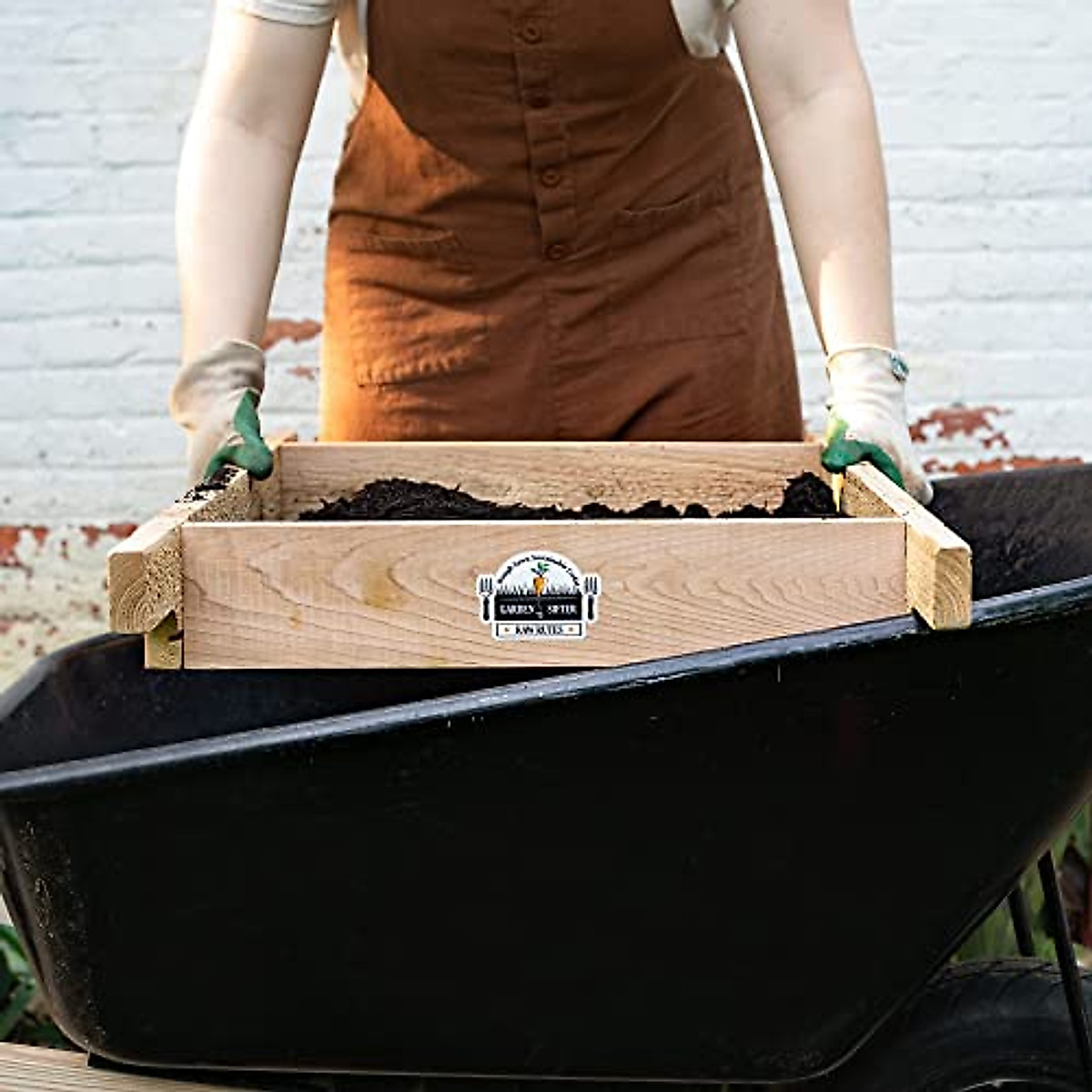 Raw Rutes Cedar Garden Sifter for Compost, Dirt and Potting Soil - Made in The USA - Sustainable Cedar - Heavy Duty Stainless Grate (Wheelbarrow Garden Sifter)