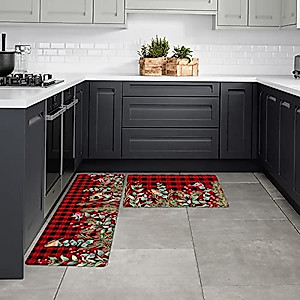 Kitchen Mat Rug Set of 2 Christmas Winter Eucalyptus Plants Red Black Buffalo Plaid Runner Rug Anti-Fatigue Comfort Memory Foam Standing Mat Non-Slip Floor Door Mat for Bedroom 18x30in+18x48in