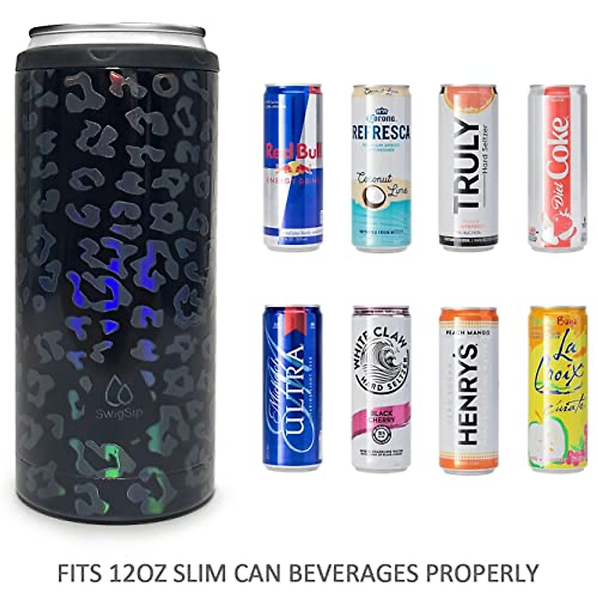 Swig Sip Skinny Can Cooler - Double Wall Stainless Steel Vacuum Insulated Can Holder for 12oz Slim Tall Beverage Bridesmaid Gift (Laser Black Leopard)