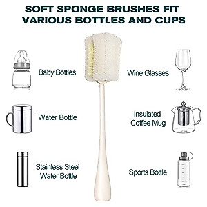 BEDELITE Water Baby Bottle Brush Cleaner, Long Handle Sponge Cleaning Brush, Bottle Cleaner Brush with Straw Cleaner for Washing Baby Bottles, Glasswares, Narrow Cup, Beige, 1 Pack