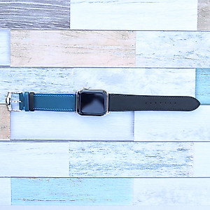 H2N Handmade Full Grain Leather Bands compatible with Apple Watch band 49mm / 45mm / 44mm / 42mm / 41mm / 40mm / 38 mm (38/40/41mm, Black/Navy blue)