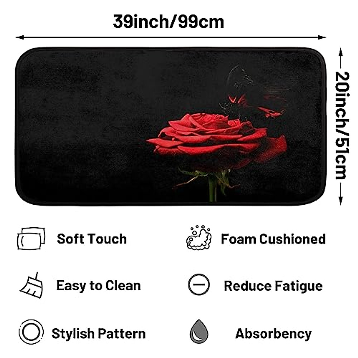 KOBLEN Red Rose Butterfly Kitchen Rugs Non Slip Washable Absorbent Kitchen Mats 20x39 inch Cushioned Anti Fatigue Kitchen Floor Mats for in Front of Sink