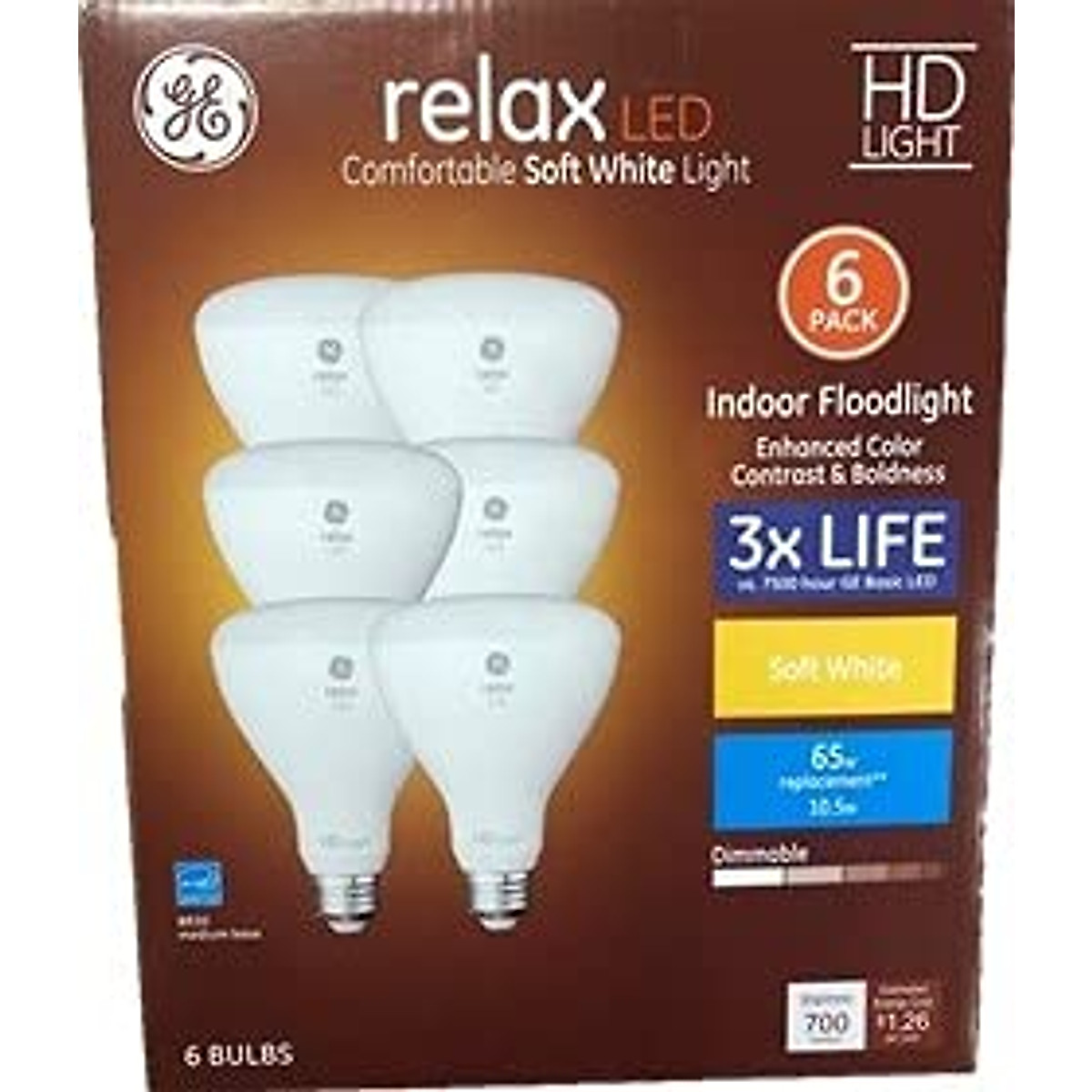 GE Relax 6-Pack 65 W Equivalent Dimmable Soft White Br30 LED Light Fixture Light Bulb 3X Life