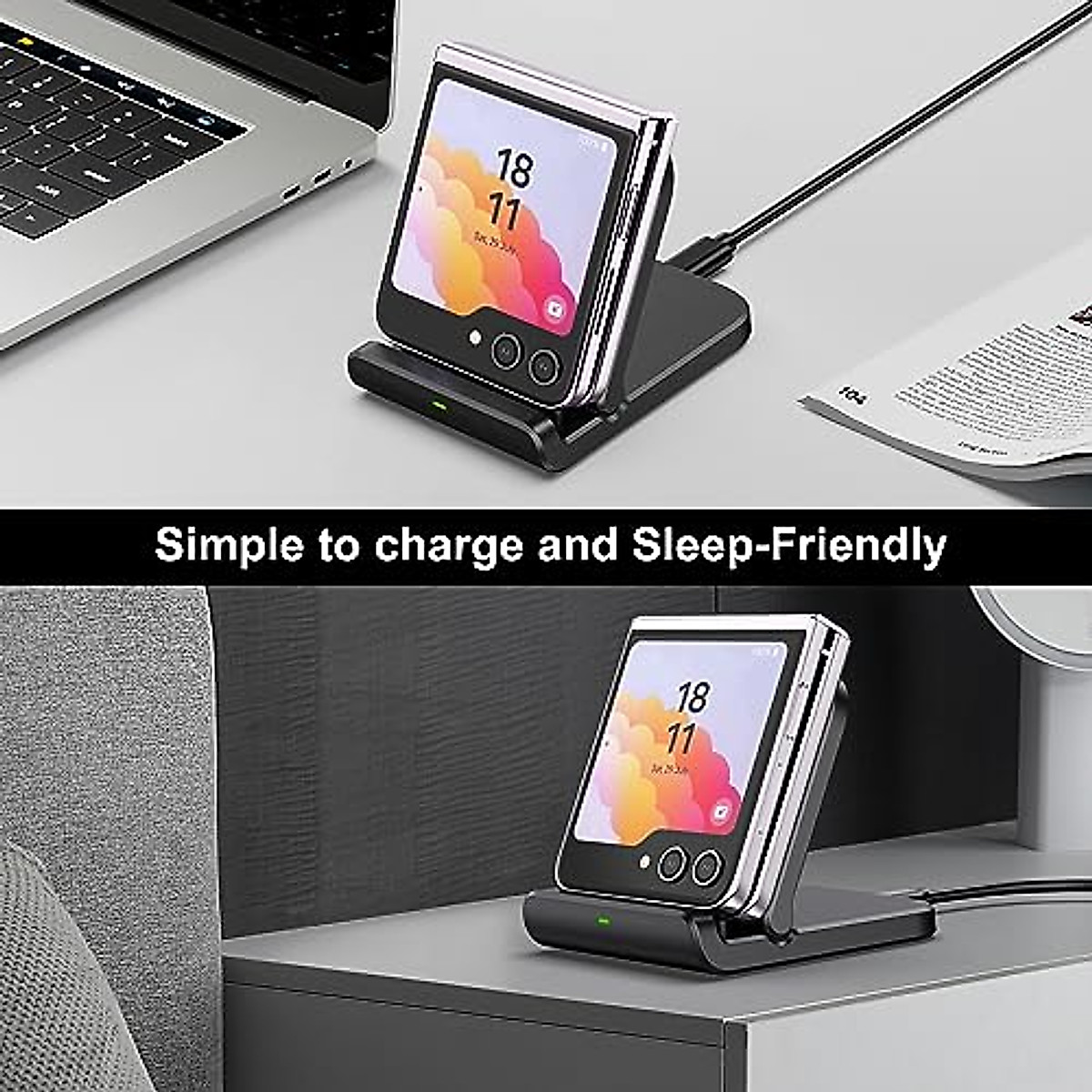 SwanScout Wireless Charger for Samsung Z Flip, Foldable Fast Wireless Charging Stand for Samsung Galaxy Z Flip 5/Z Flip 4/Z Flip 3, Samsung Charging Station for Galaxy Z Flip Series (No Adapter)
