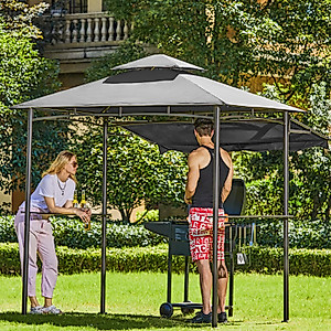 CHARMELEON Double Tiered Grill Gazebo 5x8, Outdoor BBQ Patio Canopy Tent with Stretchable Side Awning (Light Grey)