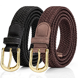 Alphyly Neries 2 Pack Women Plus Size Belt, Woven Elastic Stretch Belt, Brown Braided Belt Women, Black+Brown, For Waist Size 25-36''