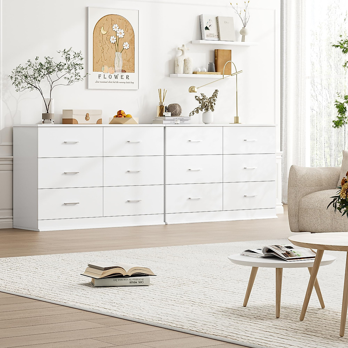 FOTOSOK White Dresser, 47.2'' Large 6 Drawer Dresser Wide Chest of Drawers for TV Stand, Modern Dresser White Floor Storage Drawer Cabinet for Home Office, White