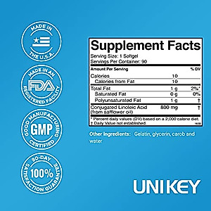 Uni Key Health CLA-1000 | Naturally Supports Healthy Weight Management | 800 mg Conjugated Linoleic Acid | 90 Servings