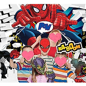 White Brick Wall Spiderman Photo Background 5x3ft Polyester Superhero Cityscape Spider Web for Children Baby Boys Birthday Party Banner Decorations Baby Shower Supplies