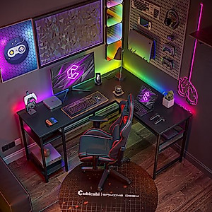 CubiCubi L Shaped Gaming Desk with Power Outlets and USB Charging Ports, 58" Reversible Corner Computer Desk with Storage Shelves and Drawer, Home Office Desk with Bookshlf, Black