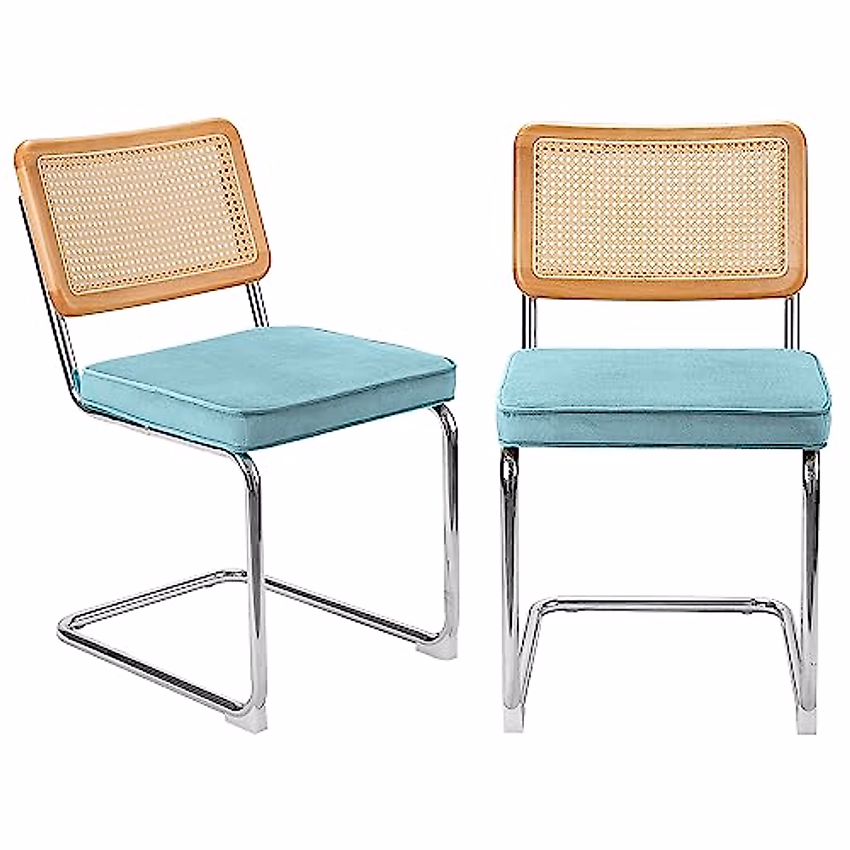 MeetLeisure Rattan Dining Chair Set of 2, Mid-Century Modern Chairs with Metal Chrome Legs, Armless Cane Back Chairs with Upholstered Cushion for Home Kitchen Dining Room, Aqua