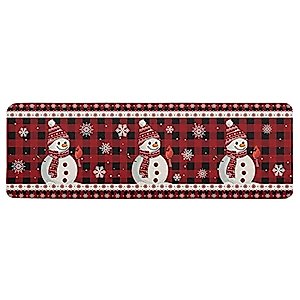 Kitchen Mat Rug 1 PCS Christmas Tres Snowman Snowflake Black and Red Plaid Buffalo Runner Rug Anti-Fatigue Comfort Memory Foam Standing Mat Non-Slip Floor Door Mat for Bathroom Bedroom 18x47in