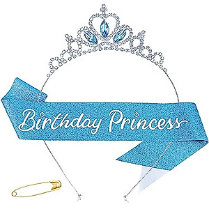 Chanaco Birthday Sash Birthday Girl Headband Set Birthday Crown Birthday Girl Sash Birthday Crown for Girls Princess Tiara Blue Happy Birthday Decorations Birthday Gifts