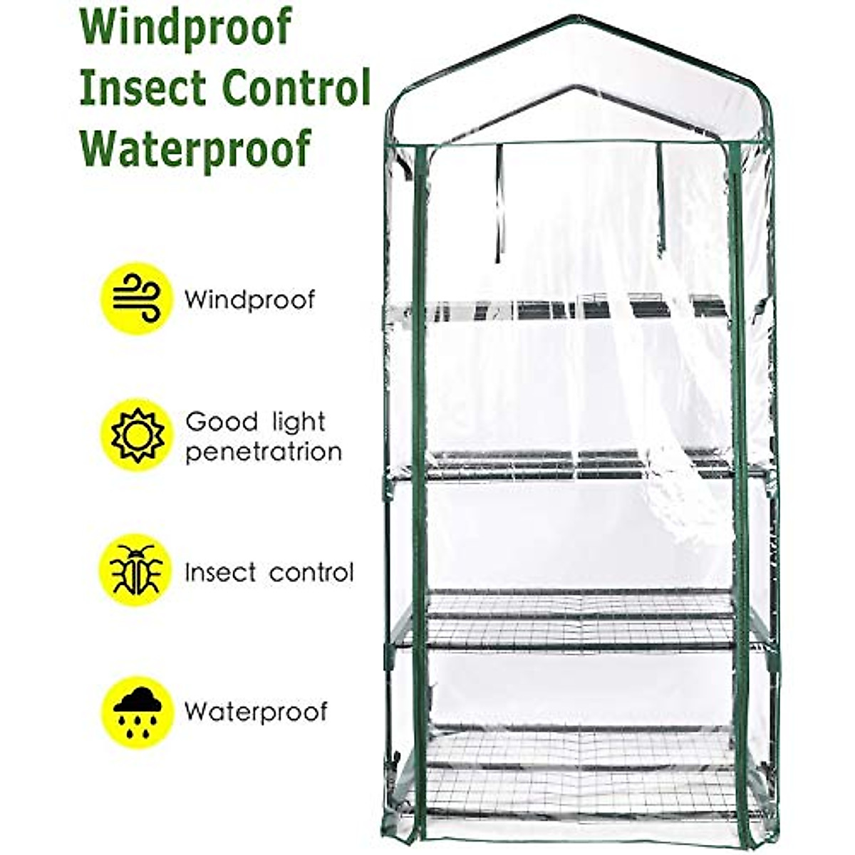 Worth Garden Replacement Cover for 4 Tier Mini Greenhouse - Applicable Size 75'' H x 27'' L x 19'' W - with Roll-Up Zipper Door - Clear Cover Only - G303B00