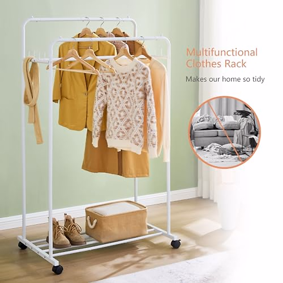 Hoctieon Double Rod Clothes Rack, 2 IN 1 Clothing Rack with Shelves and Wheels for Easy Mobility, Multi-functional Bedroom Garment Rack with 8 Hooks, White