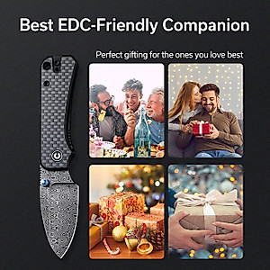 CIVIVI Small Pocket Knife for EDC, Ben Petersen Folding Knife Baby Banter with 2.34" Damascus Blade Carbon Fiber Overlay on G10 Handle, Titanium Thumb Stud Opener C19068S-DS1