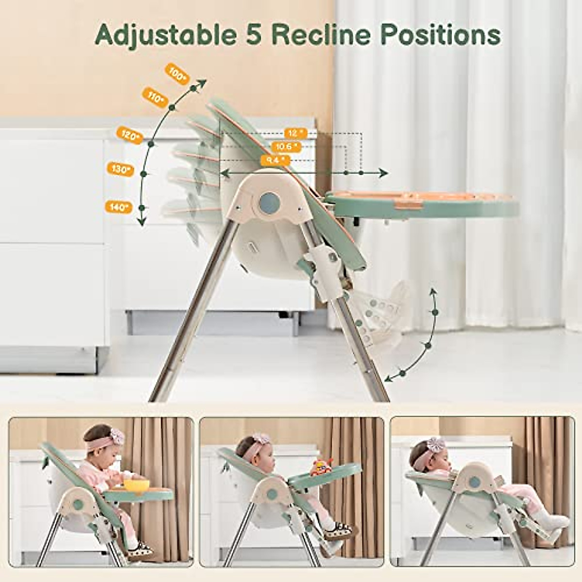 Ezebaby Baby High Chair, Portable High Chair with Adjustable Heigh and Recline, Foldable High Chair for Babies and Toddler with 4 Wheels, High Chair for Toddlers with Removable Tray-(Green)