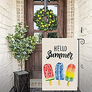 Roberly Hello Summer Garden Flag Double Sided Popsicles Ice Cream Red Blue Rainbow Vertical Banner for Outdoor Yard Summer Decorations Gifts(12.5" x 18")