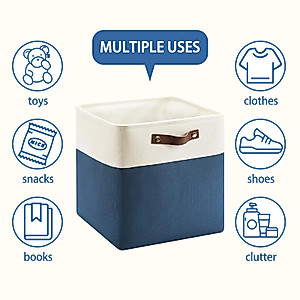 Patvingot 13 Inch Cube Storage Bins,Set of 4 , Foldable Storage Basket with PU Handles for Organizing Home, Closet,Clothes, Toy, Book,Laundry,Office, Organizers for Shelves (White&Blue)
