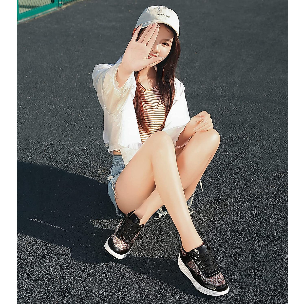 pearlzone Women's Fashion Casual Breathable Crystal Bling Lace Up Sport Shoes,Sparkly Sequin Lightweight Non Slip Comfort Sneakers (8,White)