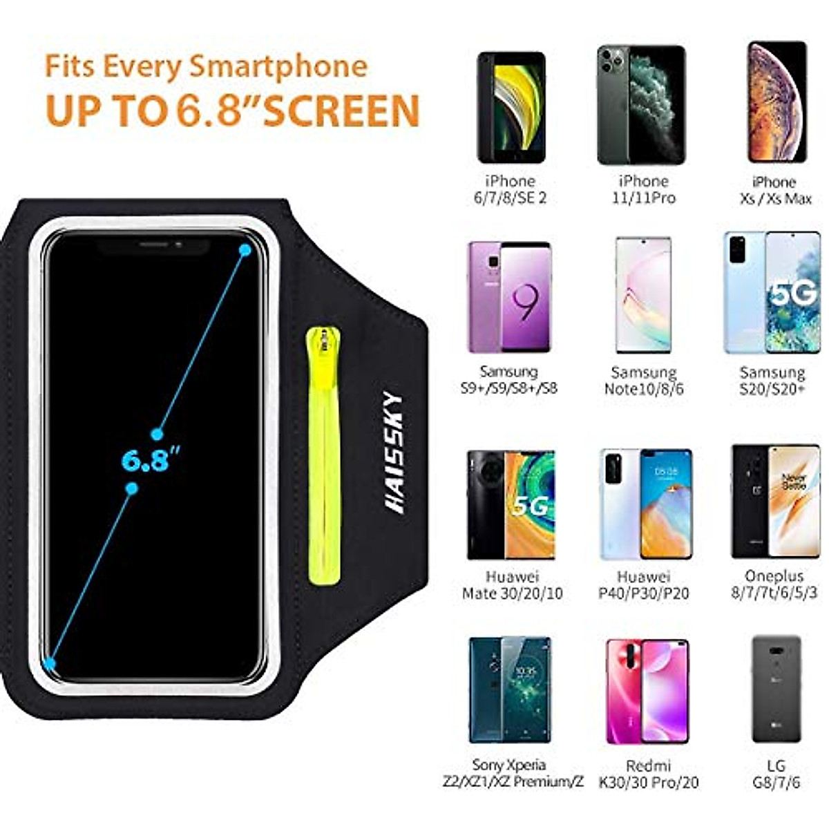 Cell Phone Running Armband with Airpods Zipper Pocket Armband Case Running Holder For iPhone 14/14 Pro Max/13/13 Pro/12 Pro Max/12 Pro /11 Pro Max,Galaxy S20 S10,Sweatproof Arm Band with Card/Key Bag