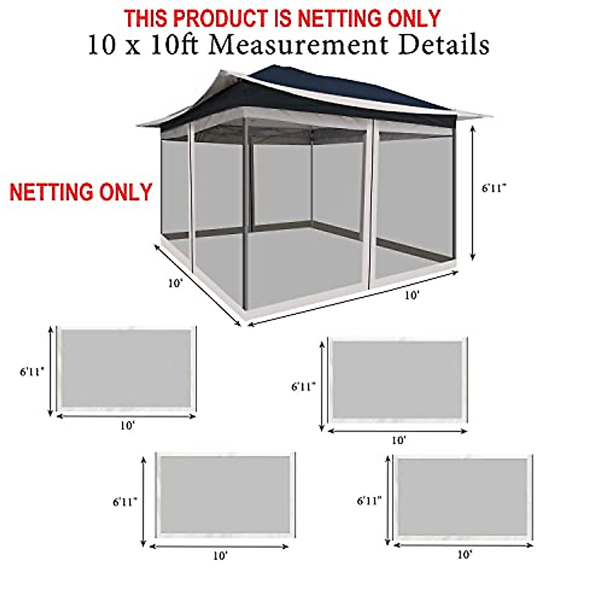 Curtain Style Canopy Screen Netting Walls Only with 4 Side Zipper for Universal 10x10 Pop Up Canopy Tent or Gazebo (Fit Our 12X12 Overhang style Outdoor Gazebo), Grey