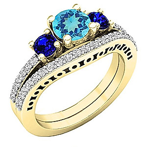 Dazzlingrock Collection 5.5 MM Round Blue Topaz,Blue Sapphire & Diamond Wedding Ring Set in 14K Yellow Gold, Size 8