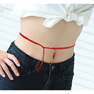 Thin Waist Rope Braid Belt Chain Exotic Women Waist Belt Rope Chain with Tassel Bead Bell Good Luck Belly Rope Bracelet, Red