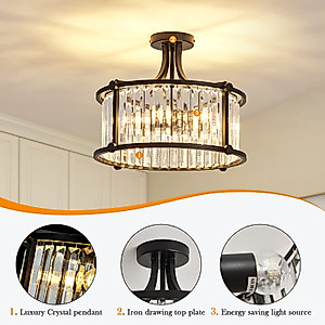 YYJLX 6-Light Black Semi Flush Mount Crystal Chandelier Metal Modern Ceiling Light Fixture Lighting for Living Room Dining Room Kitchen Bedroom Foyer Hallway