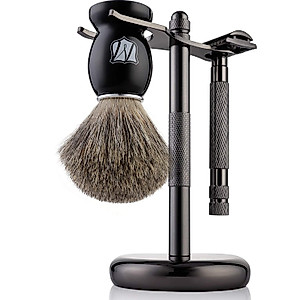 Miusco Natural Badger Hair Shaving Brush and Shaving Stand Set, Dark Chrome, Black, Compatible with Safety Razor, Cartridge Razor and Disposable Razor