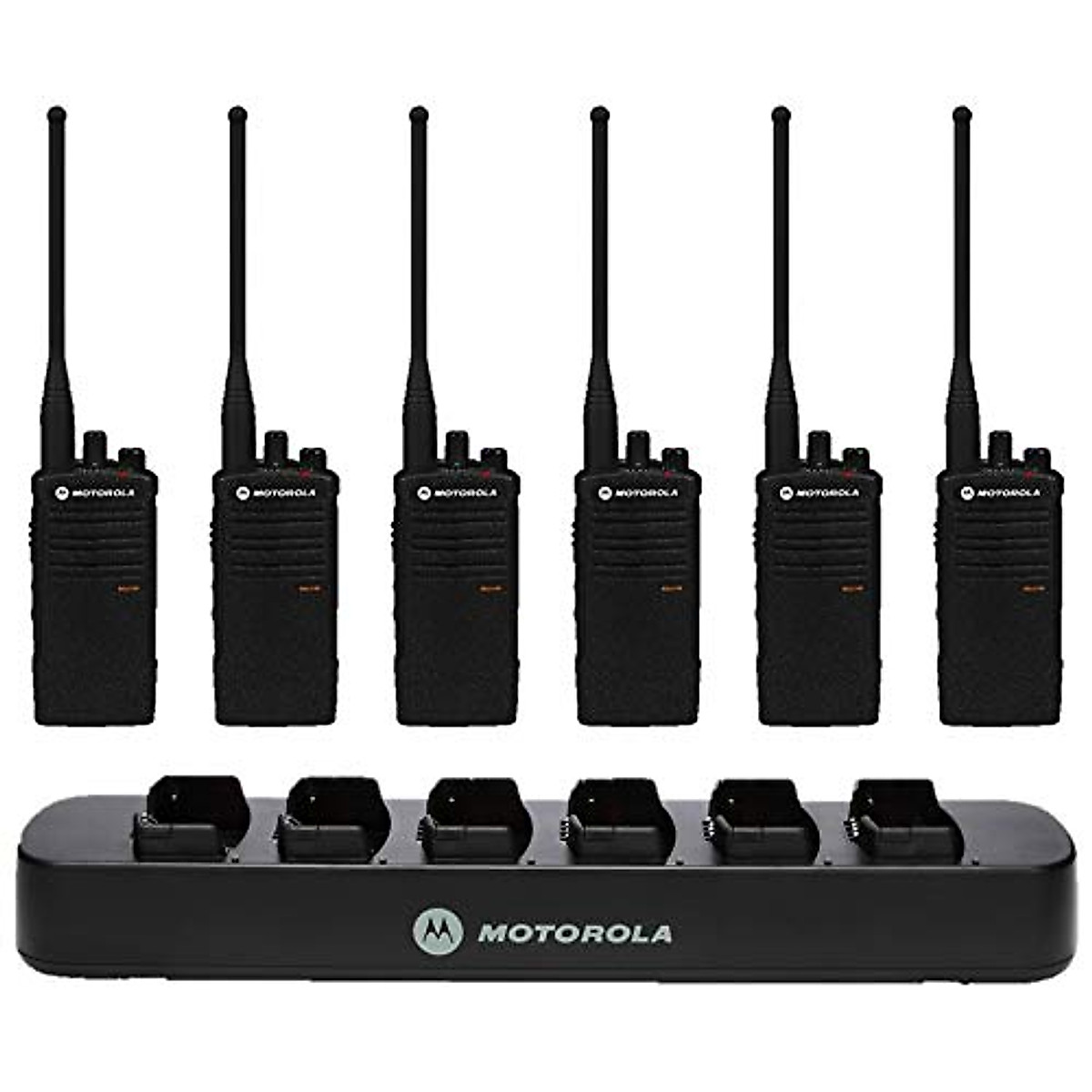 6 RDU4100 - UHF 4 Watt 10 Channel Heavy Duty Two Way Radios & 1 RLN6309 6 Radio Charger by Motorola Solutions - for Business Use