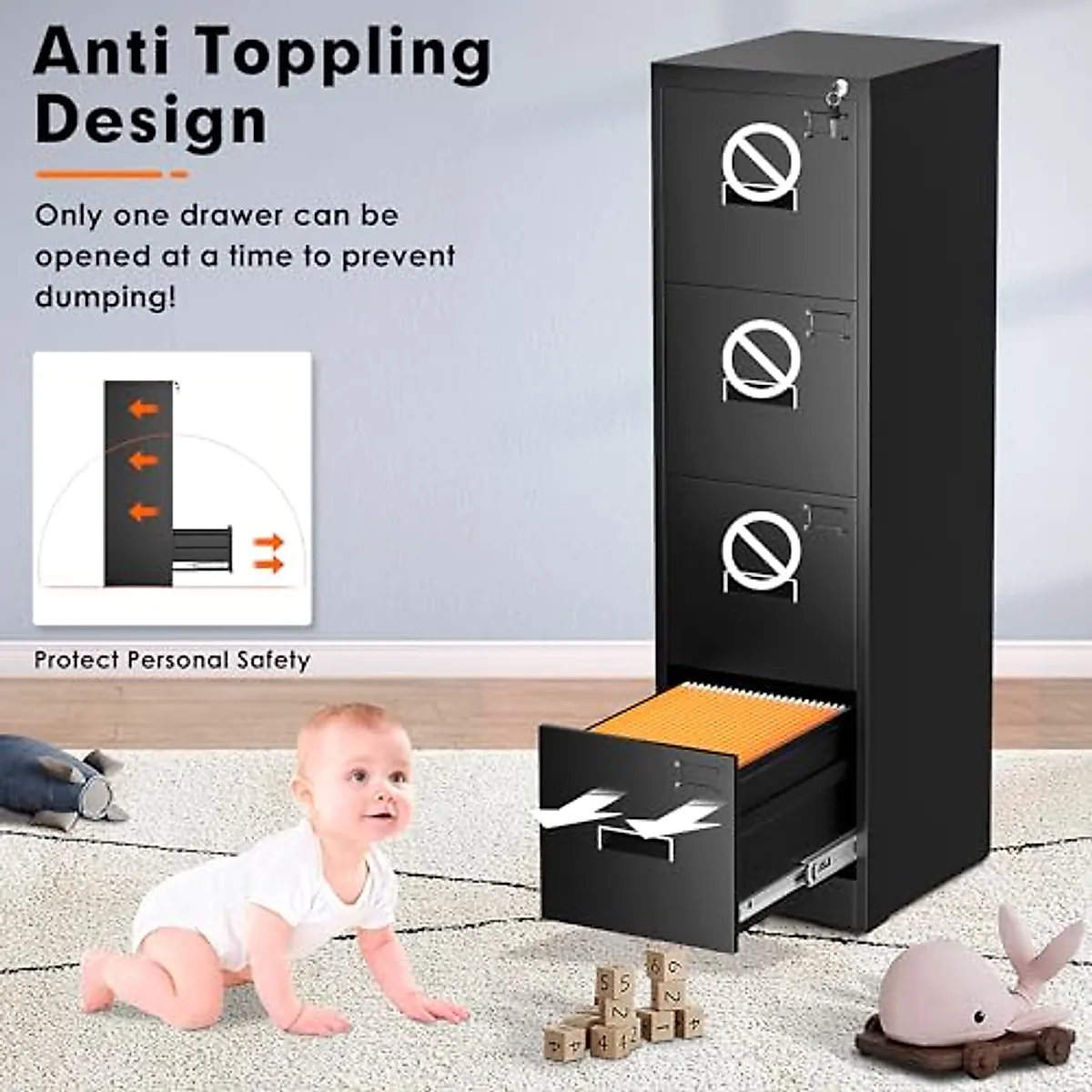 INTERGREAT 4 Drawer Vertical File Cabinet, Black Metal Filing Cabinet with Lock, Tall Lockable Cabinets with 4 Adjustable Hanging Frame for Home Office, Letter/Legal/F4/A4 Size