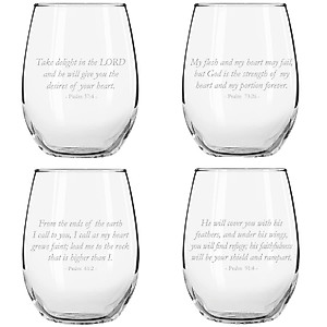 Psalms 4 Pack Stemless Drinkware- (15 oz) | Encouraging Bible Verses | Christian Gifts | Easter Gift Biblical Scripture| Inspirational Gift for Women|Candleholder| Stemless Wine Glasses Made in USA