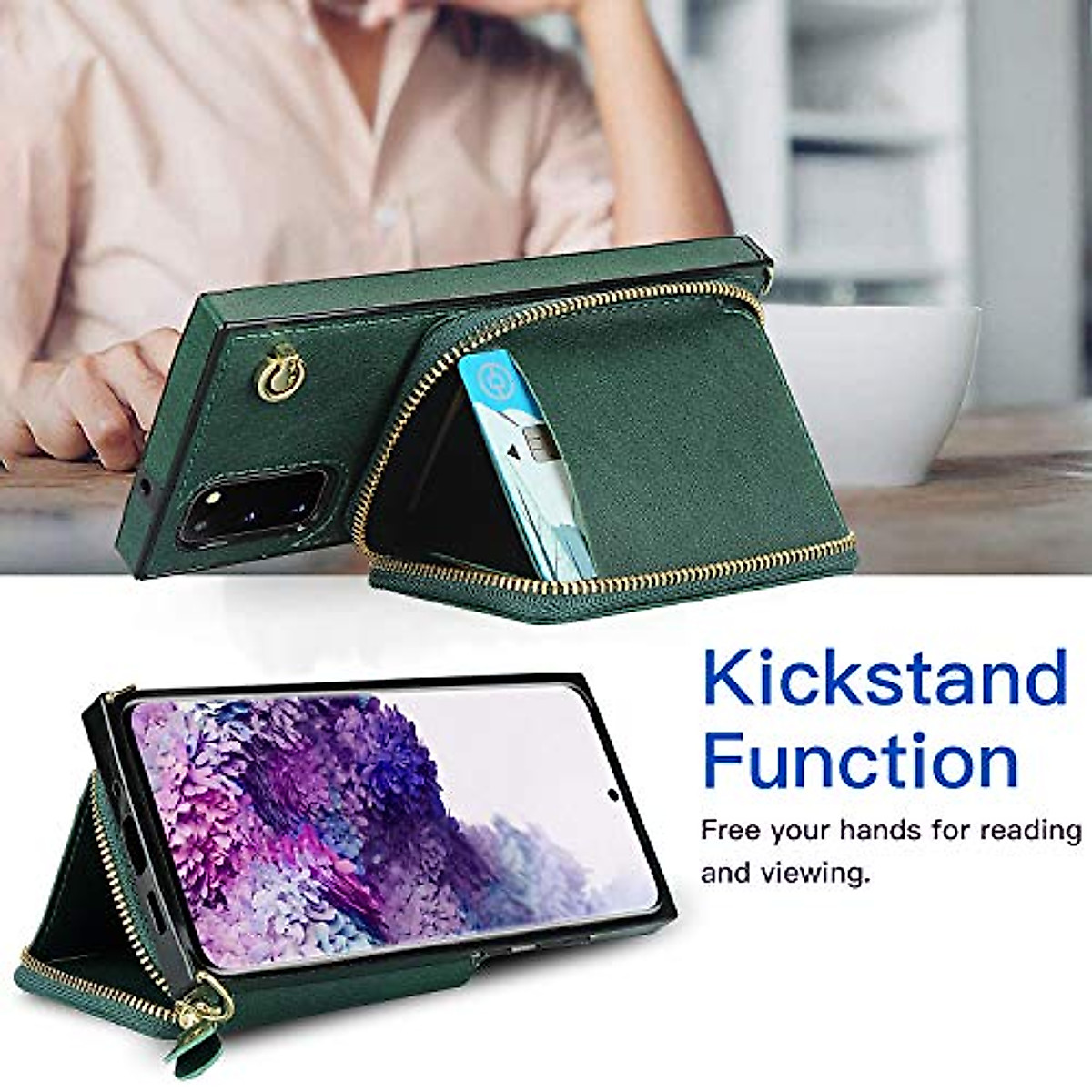 Crossbody Wallet Case for Samsung Galaxy S20,Wallet Phone Case with Card Holder,Kickstand,Magnetic Closure,Zipper Phone Purse,Strap