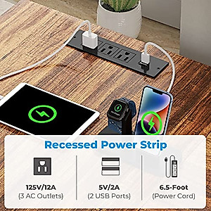 GreenForest L Shaped Desk with Power Outlets, 50.4 Inches Reversible Small Corner Computer Desk with Monitor Stand, Home Office Gaming Desk with Headphone Hook, Cup Holder, Walnut