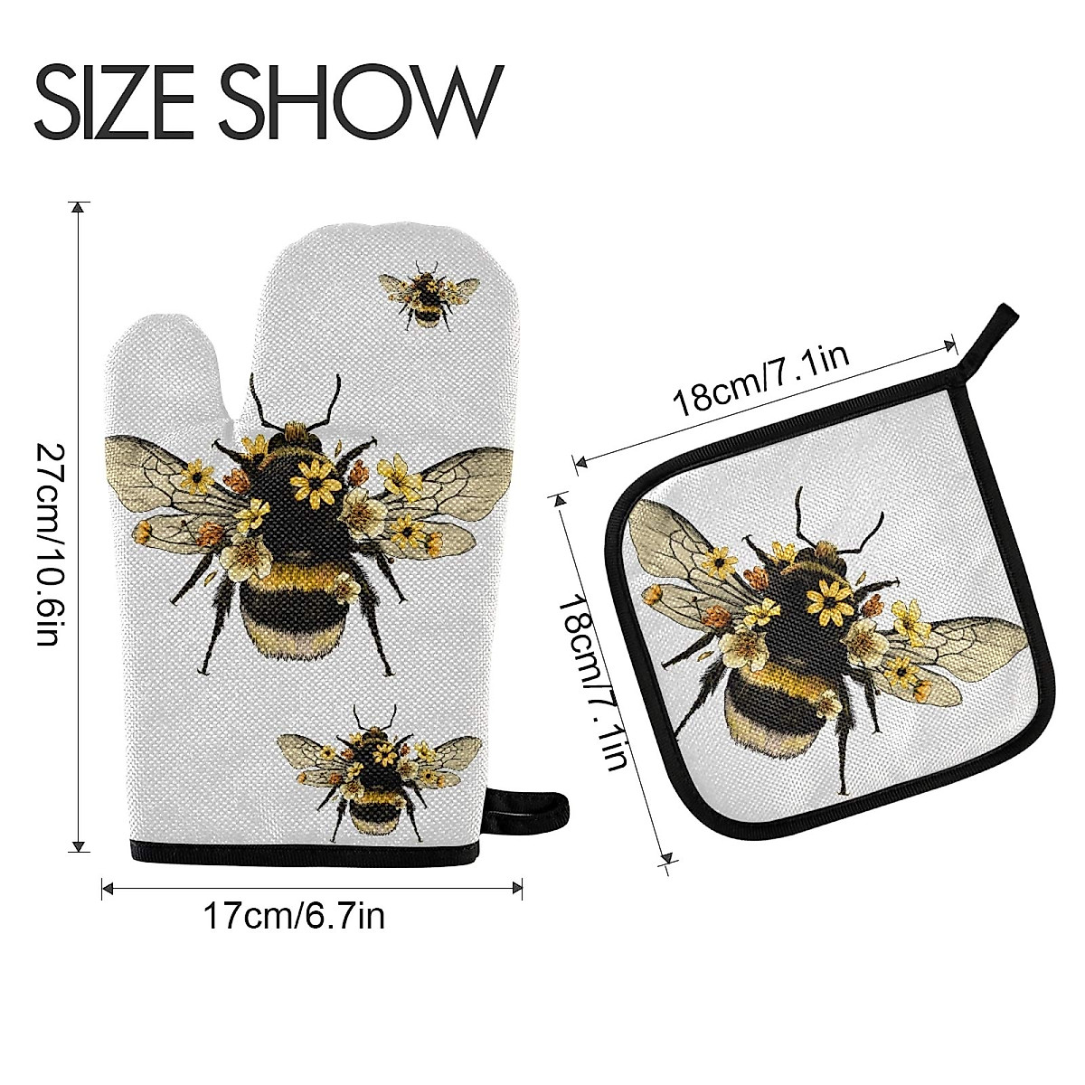 Aflyko Bee Daisy Flower Oven Mitt Pot Holder Gift Set Heat Resistant Cooking Glove Kitchen Potholder for BBQ Baking