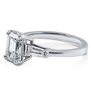 BERRICLE Sterling Silver 3-Stone Wedding Engagement Rings Emerald Cut Cubic Zirconia CZ Anniversary Ring for Women, Rhodium Plated Size 5.5