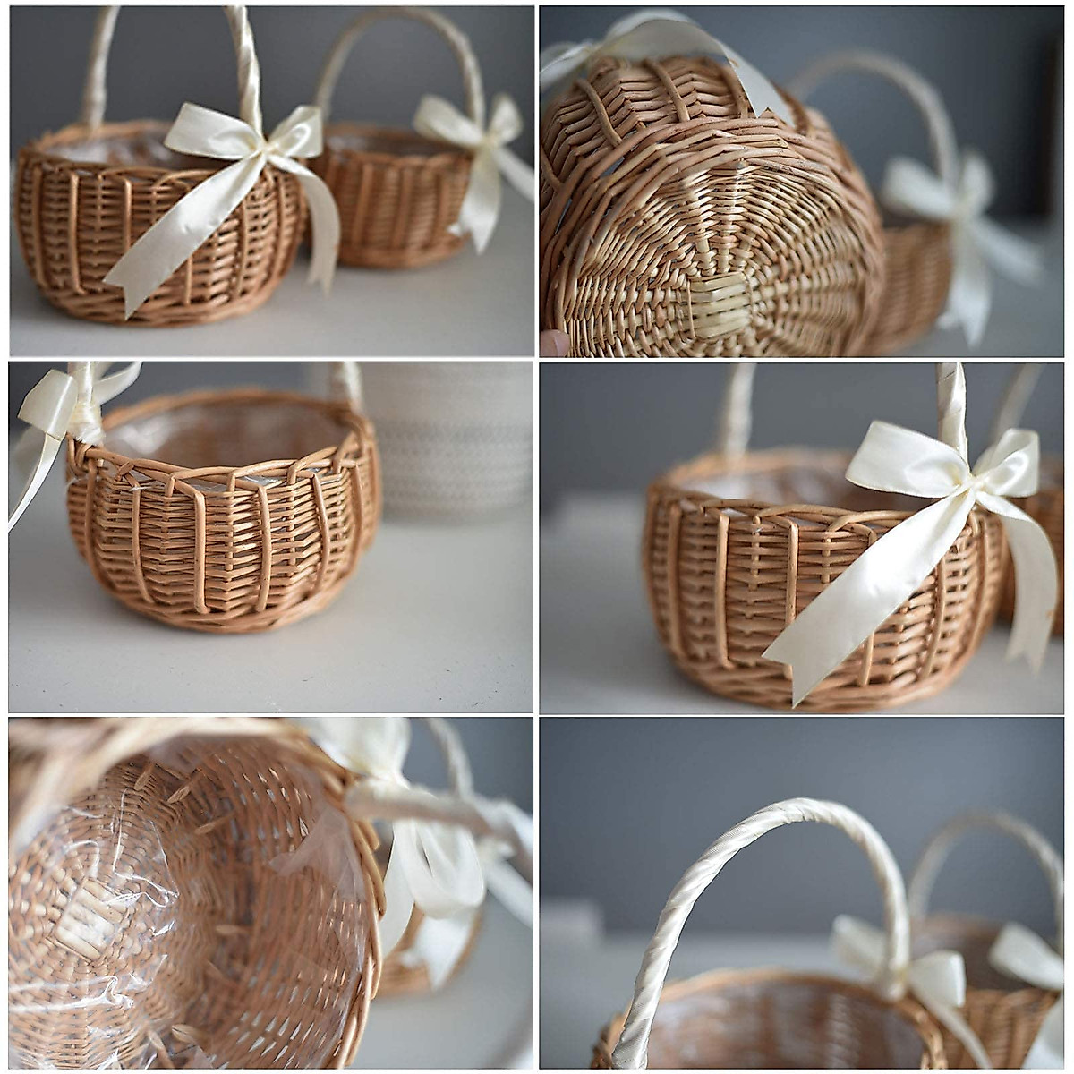 ASSR 2PCS Wedding Flower Girl Basket Set,Wicker Rattan Flower Basket with Handle,Petal Basket Candy Storage Basket ,Rattan Box Home Decoration,White,5.9x7.5 in(210209HT07-12#WSW98)