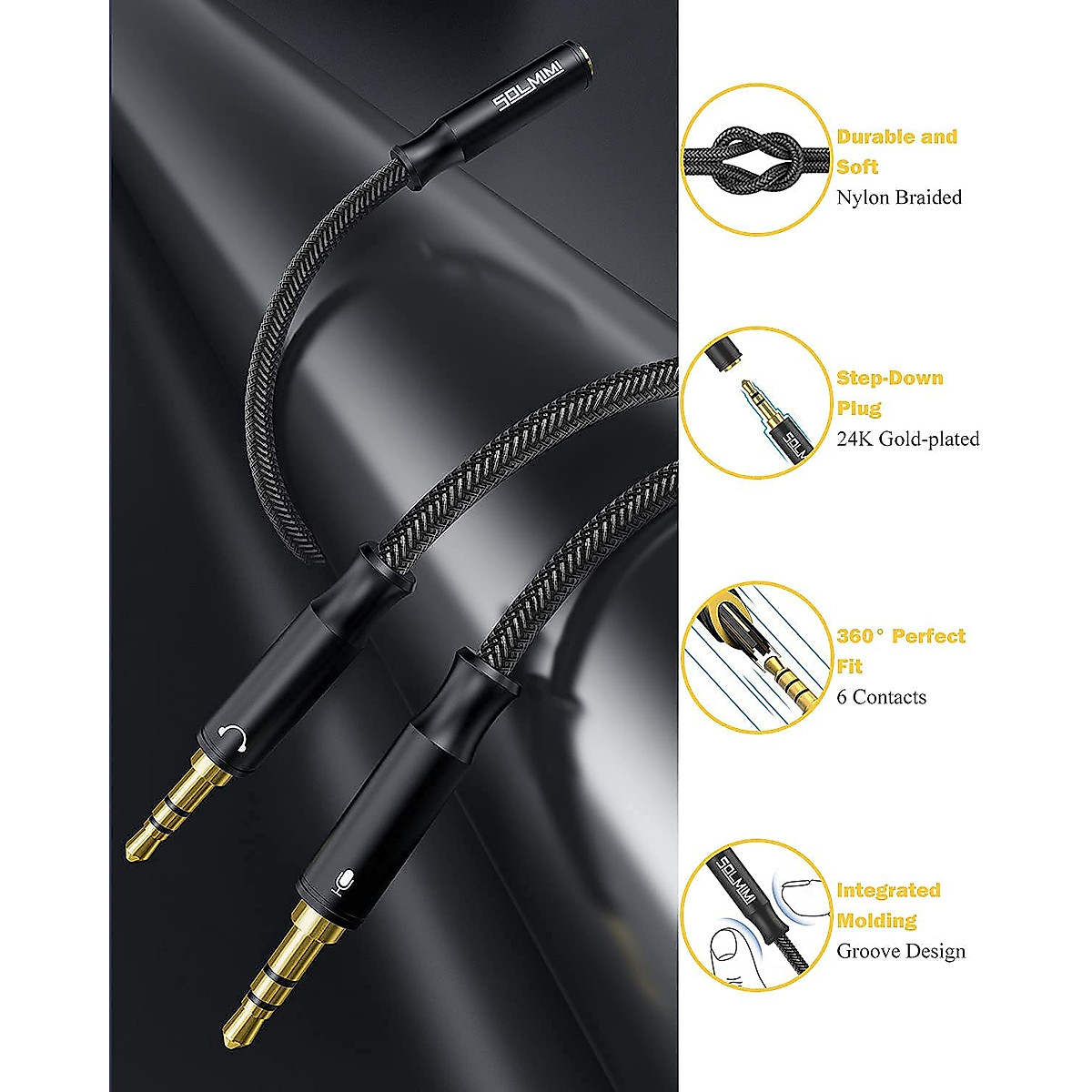 SOLMIMI Bundle Headset Splitter Cable with 4 Pole TRRS Headphone Extension Cable 4FT