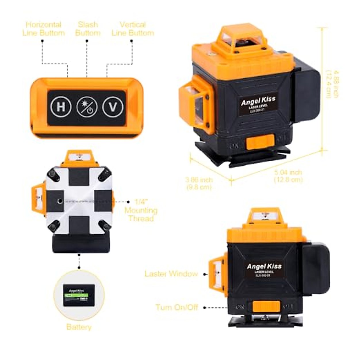 Angel Kiss Laser Level Self Leveling 4x360° 4D Green Cross Line Laser Tool for Construction and Picture Hanging, 2 Rechargeable Battery, Remote Controller, Magnetic Rotating Stand Included