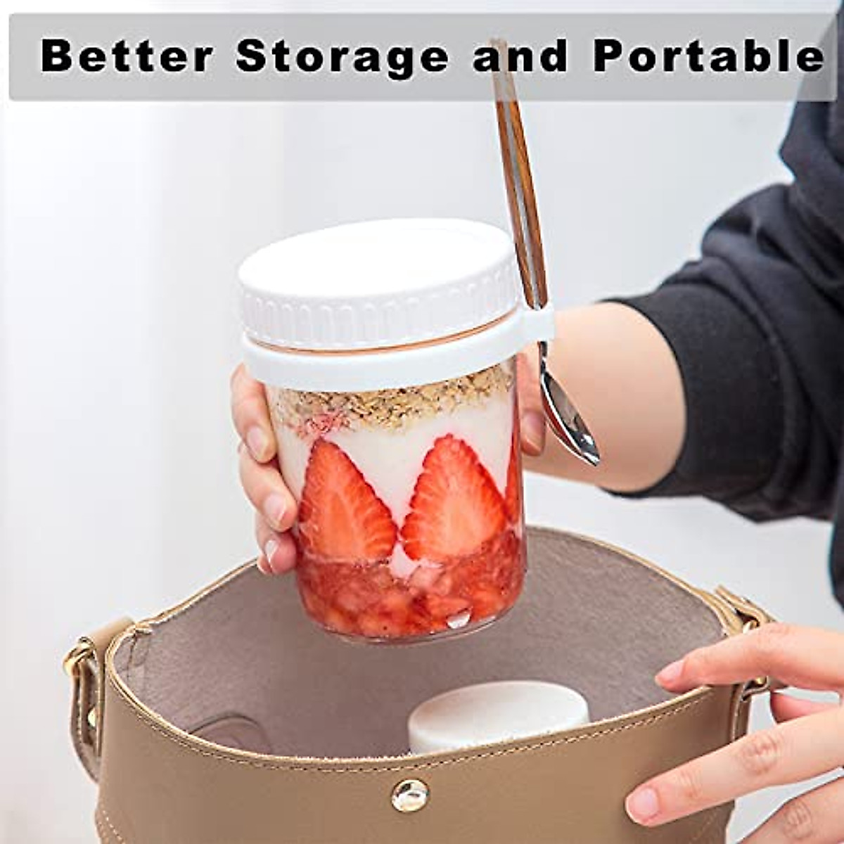 4 Pack Food Grade Overnight Oats Containers with Lids and Spoon, 16 oz Mason Jars for Overnight Oats with Measurement Marks, Large Capacity Airtight Oats Jars for Cereal Milk Yogurt Vegetable Fruit