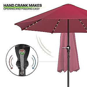Magshion 9FT Solar Patio Umbrella with 32 LED Lights, Outdoor Market Umbrella with 8 Steel Ribs & Crank Lift, Windproof Sunshade for Garden, Deck, Backyard & Pool (Burgundy)