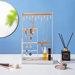 ProCase Jewelry Organizer Stand Necklace Holder, 4-Tier Jewelry Tower Rack with Earring Tray and Holes, 10 Hooks Necklaces Hanging Storage Tree Display for Bracelets Watches Earrings Rings -White